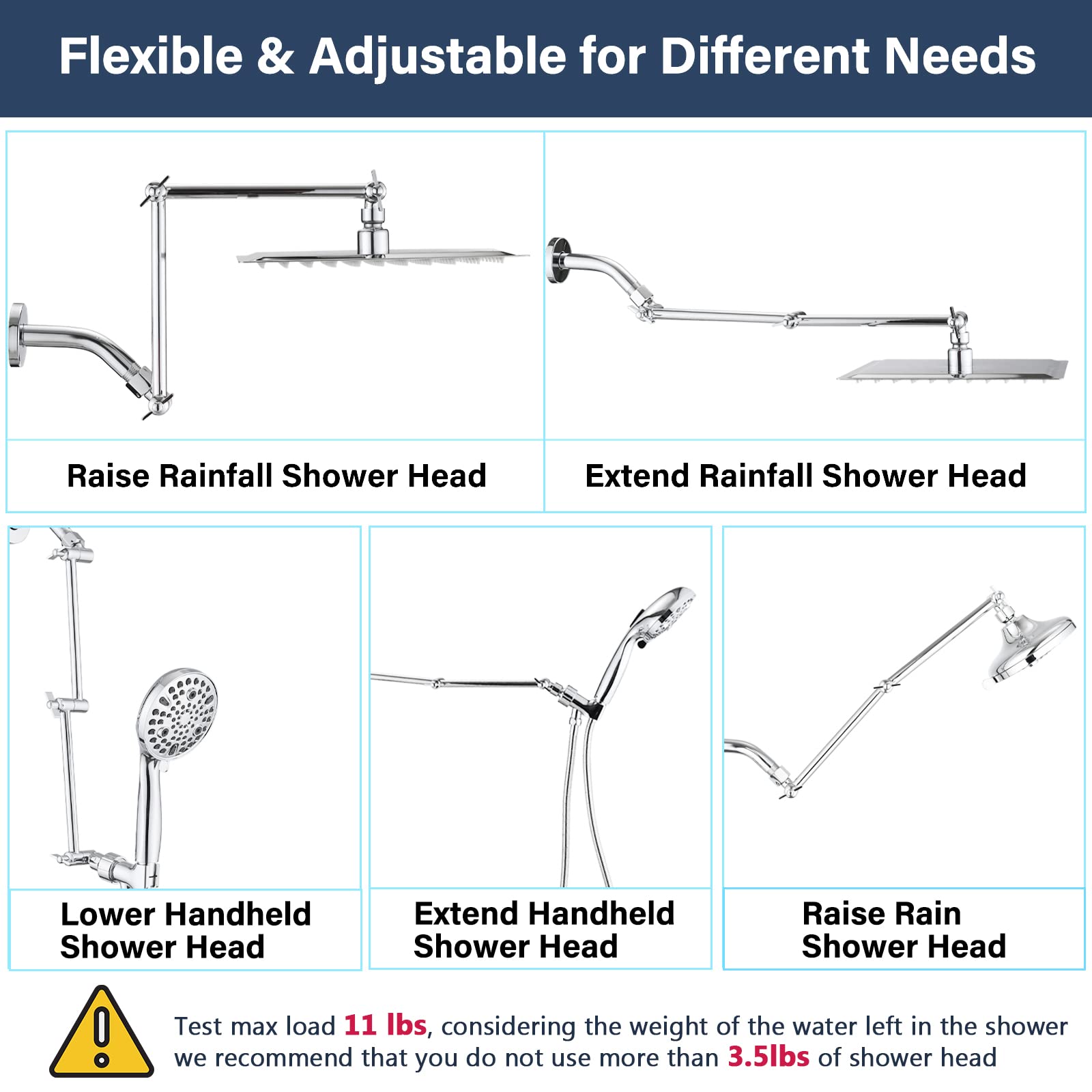 PDPBath Shower Extension Arm, 16" Upgrade Solid Brass Shower Head Shower Head Extender, Adjustable Height Extended with G1/2 Universal Connection for Rain & Handheld Shower Head - Chrome