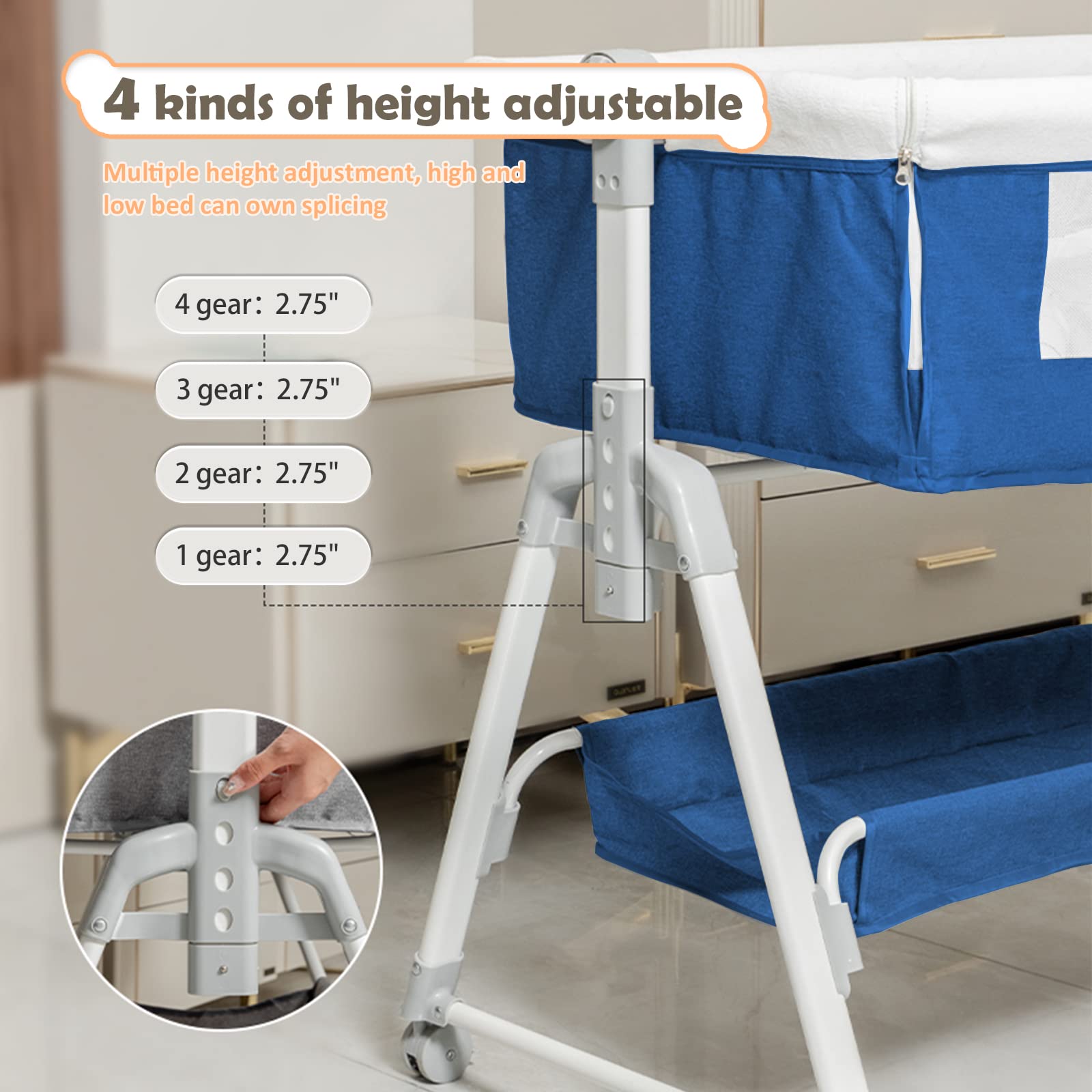Scxfedor Bedside Bassinet for Baby,Baby Bedside Crib with Storage Basket, Bassinet Bedside Sleeper Adjustable Portable Bed for Infant,Baby Bassinets Bedside Sleeper(Blue)
