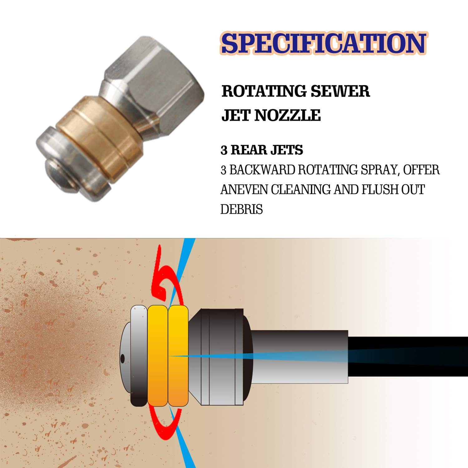 Hourleey Sewer Jetter Kit for Pressure Washer, 1/4 Inch NPT, 100 Ft Drain Cleaning Hose, Orifice 4.0 Button Nose and Rotating Sewer Jetting Nozzle, 4000 PSI