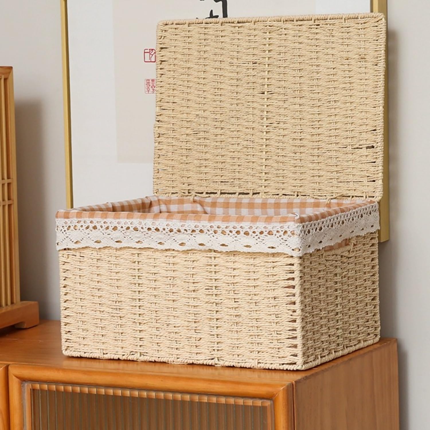 Rattanzenith Foldable Basket with Lid Large Storage Bin with Handle & Liner Paper Rope Woven Basket for organizing Clothes Toy Blanket Shelf Basket for Closet Organizers and Storage (Beige, Large)