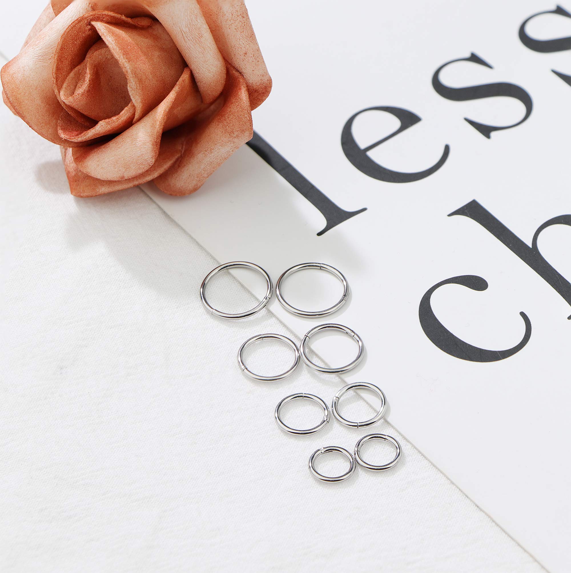 Jstyle 8Pcs 18G Stainless Steel Hinged Clicker Segment Nose Ring Hoop Piercing for Men Women Cartilage Daith Tragus Sleeper Earrings Improved Clasp 6-12MM,Silver Tone