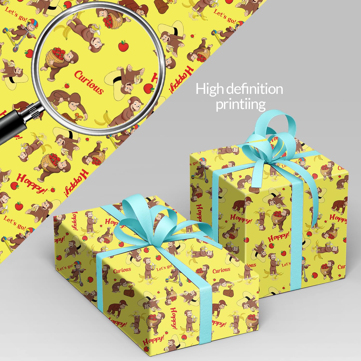 SNHDYMTK 5 Sheets Curious Monkey Gift Wrapping Paper 20"" x 30"" Kraft Paper Foldable Gift Wrap Present Wrapping Paper Birthday Design for Party, Holiday (Yellow), IGYUEWG1564131106
