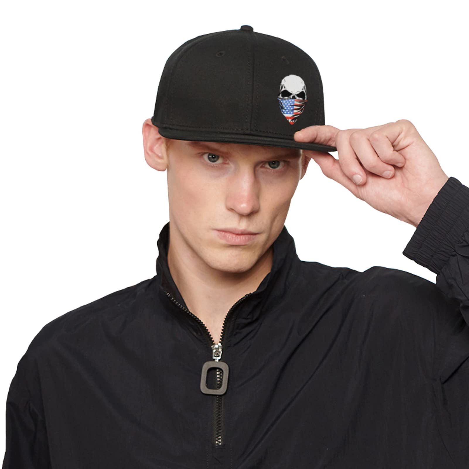 Negi Skull with Flag Mask Item Black Snapback Hats for Men Caps, Classic Women Skull Hats for Men Snapback Extender Adjustable, Cozy Skeleton Cap Black Trucker Hats for Men Women