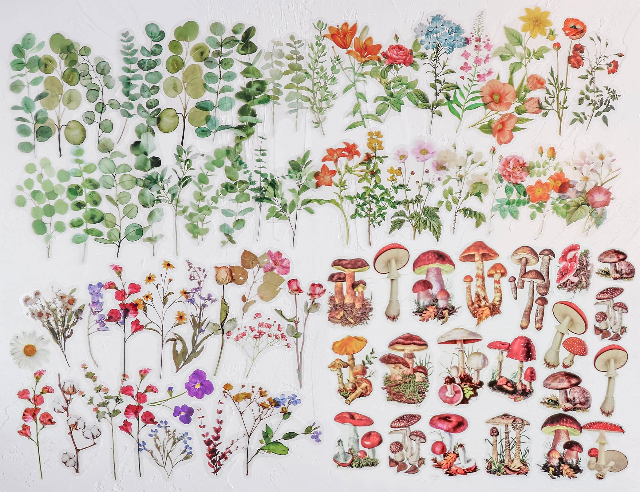 Knaid Flower Eucalyptus Plant Stickers Set (160 Pieces) - PET Transparent Waterproof Decorative Decals for Scrapbook DIY Crafts Album Bullet Journal Planner Water Bottles Phone Cases Laptops