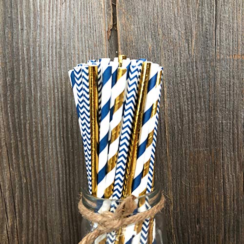 Navy Blue and Gold Foil Paper Straws - Stripe Chevron Solid - 100 Pack