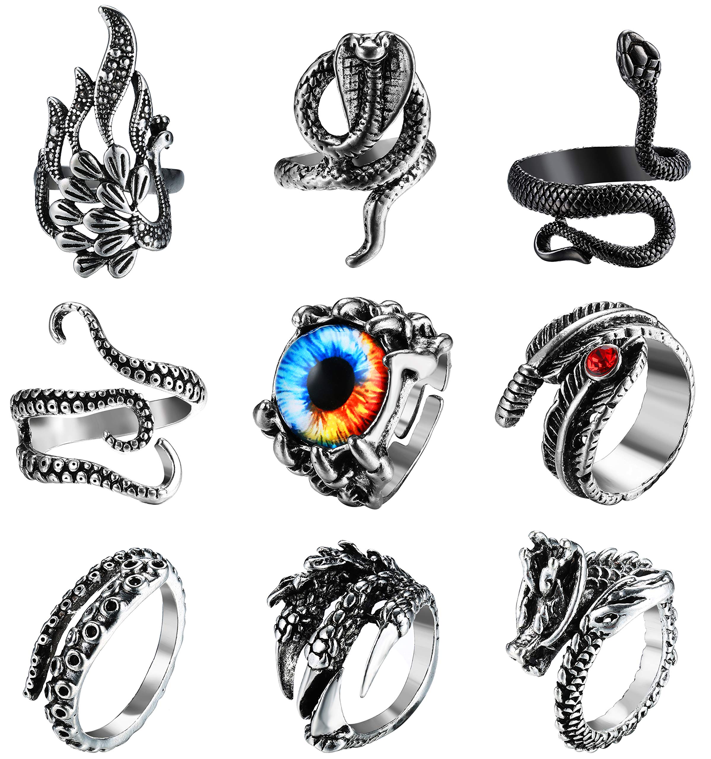 Jstyle 9Pcs Vintage Punk Rings for Men Women Snake Ring Dragon Open Rings Set Knuckle Stacking Ring Boho Finger Rings