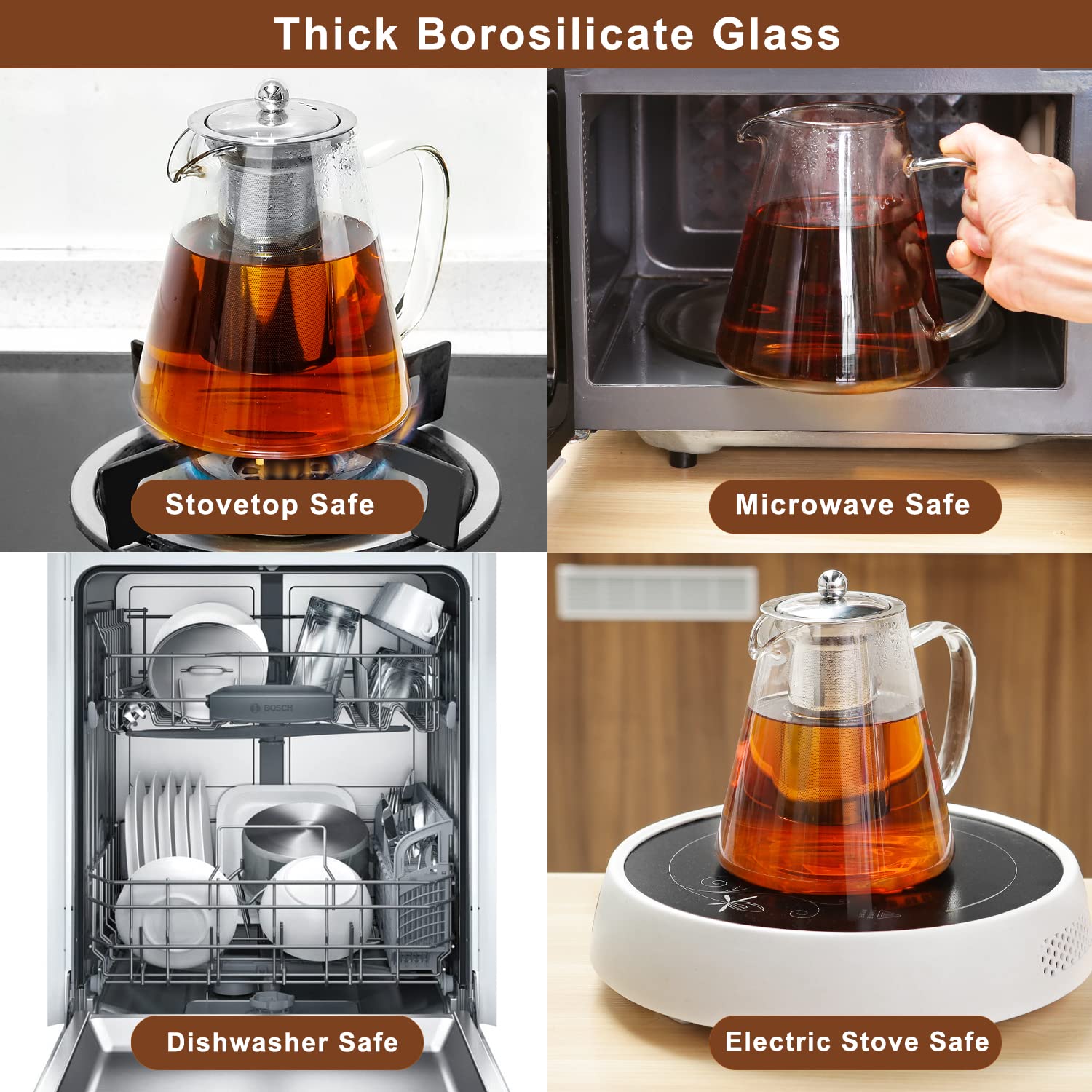 Molgree Glass Teapot Stovetop Safe, 43oz Glass Teapot with Infuser, Glass Tea Kettle Glass Tea Pots with Removable Stainless Steel Infuser for Blooming and Loose Leaf Tea
