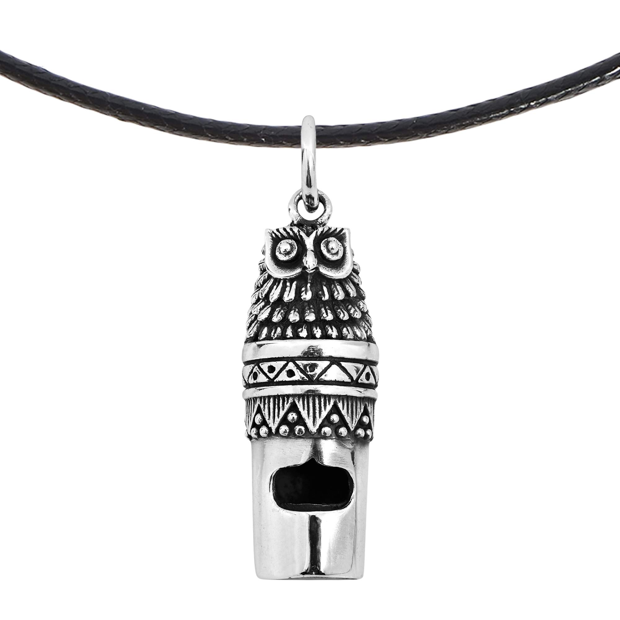 Intricate Detailed 3D Owl Whistle .925 Sterling Silver Pendant Rubber Necklace