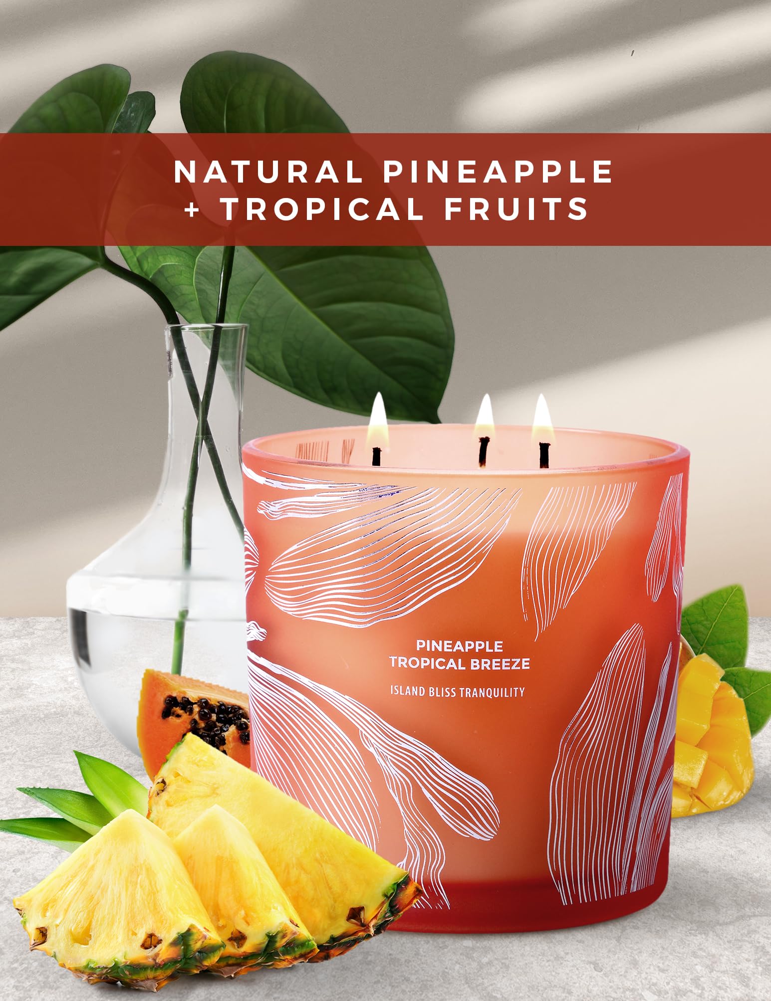 Pineapple Tropical Breeze 3 Wick Candle Large - Highly Scented Candle for Home 14.5 oz - Soy Candle - Home Fragrance Candles - Aromatherapy Relaxing Candle - Pineapple Paradise Candle for Men & Women