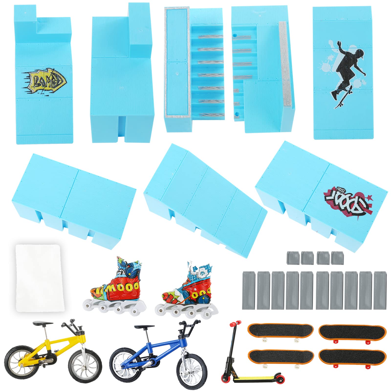 PLSOPPKG 8Pcs Skate Park Kit Ramp Parts for Finger Skateboard Park Kit Part Training Props with Finger Skateboards Finger Bikes Skates Scooters and More(Blue)