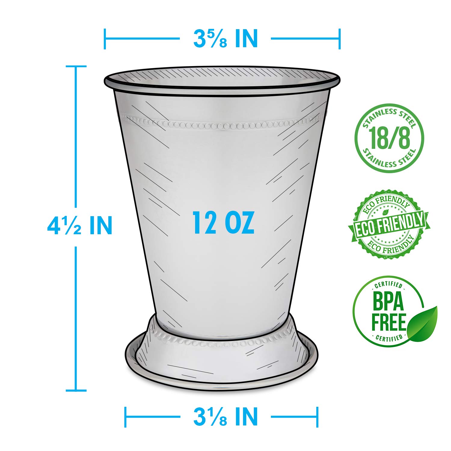 Mint Julep Cups: Stainless Steel Glasses, Set of 4, Metal 12 oz Cocktail Glasses, Party Supplies (4)