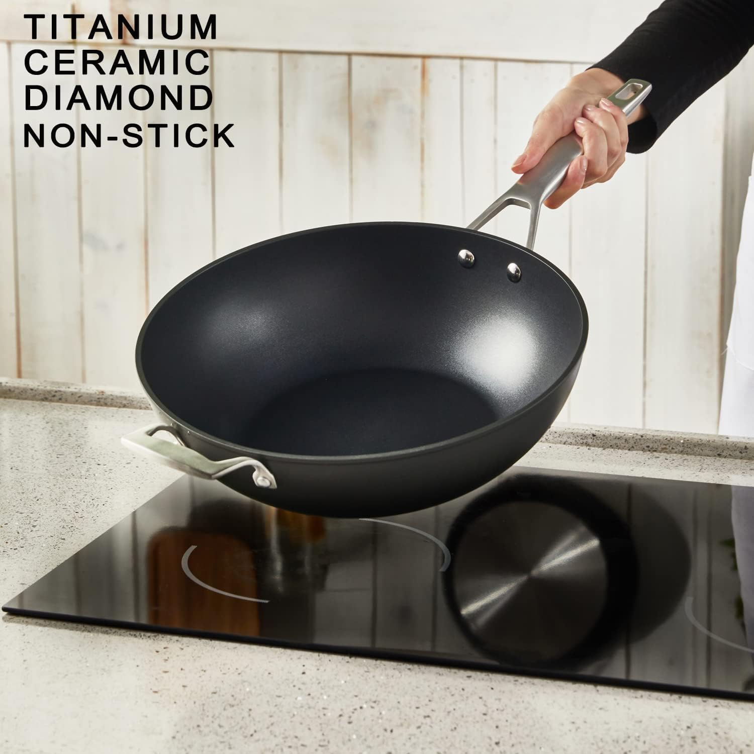 MsMk Titanium and Ceramic Nonstick Wok pan with lid,12.5 Inch Woks & Stir Fry Pans with Stay-Cool Handle,Flat Bottom Wok Suits for Induction, Electric, Gas, Halogen, All Stoves