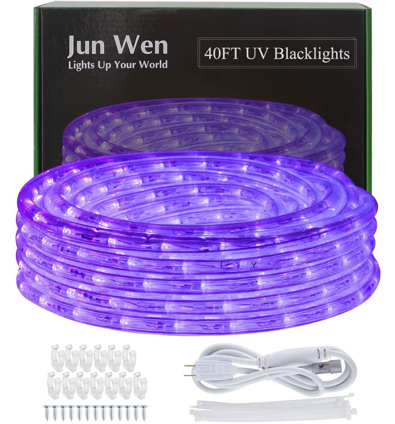JUNWEN BlackLights LED Rope Strip Lights, 110V Outdoor Black Lights Kit, Waterproof 432LEDs 40FT Flexible Purple Rope Light for Birthday Halloween Stage Fluorescent Dance Party Home Decoration…