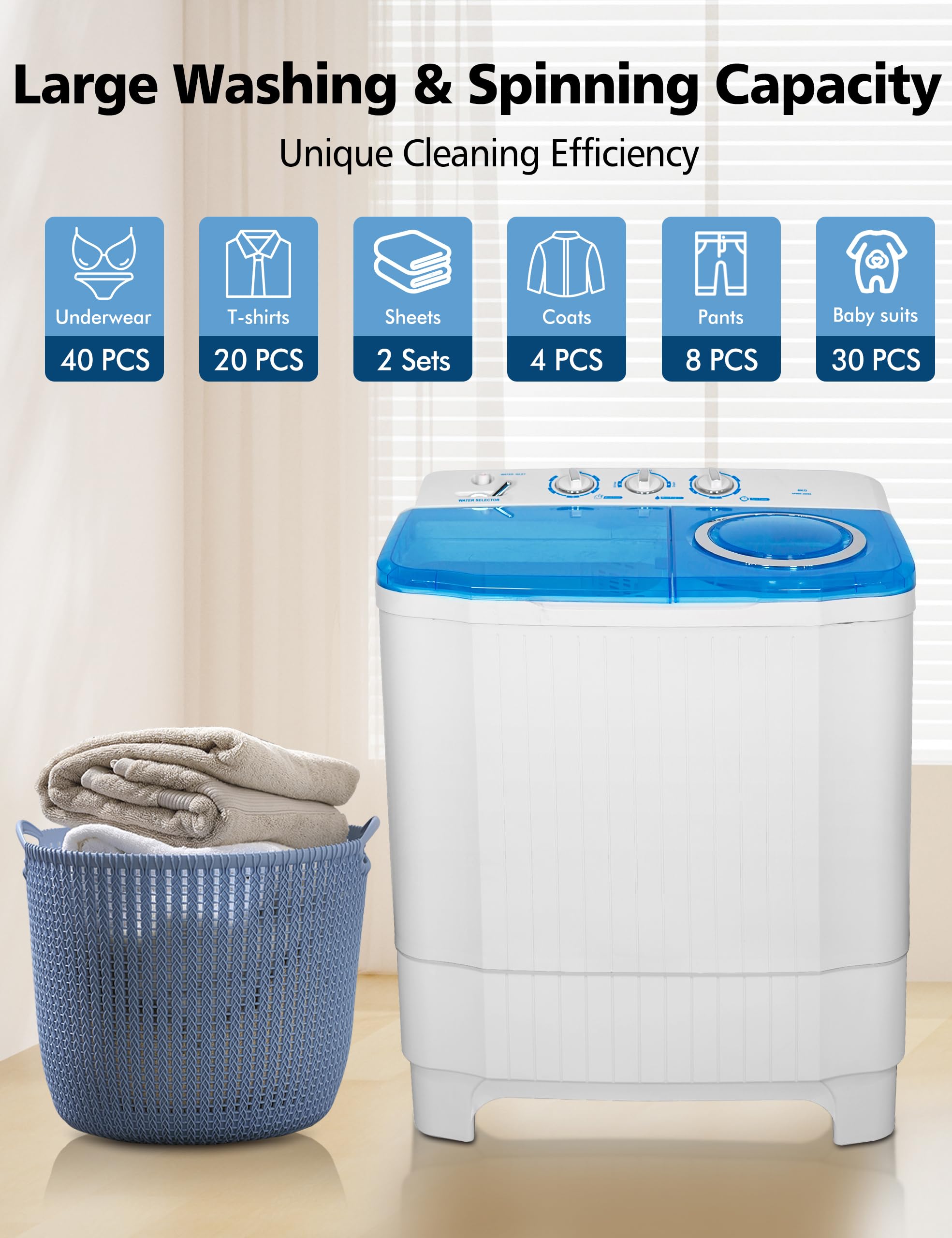 Portable Washing Machine - 28Lbs Compact Twin Tub Washer and Spin Dryer - Semi-automatic Laundry Washer(18Lbs) & Spinner(10Lbs) Combo Timer Control with Drain Pump for Apartments,RVs,Dorms