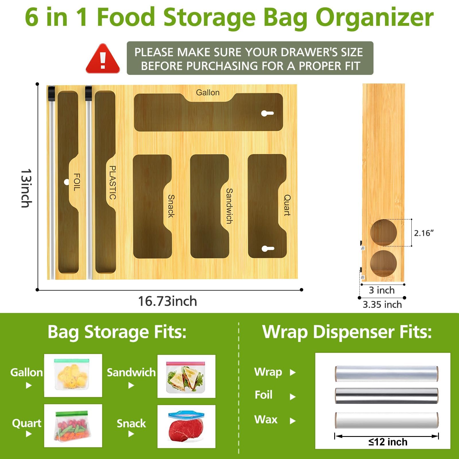 Lawmoliw Bag Storage Organizer for Kitchen Drawer, 6 in 1 Foil and Plastic Wrap Dispenser with Cutter, Bamboo Plastic Bag Food Baggie Organizer for Gallon, Quart, Sandwich, Snack
