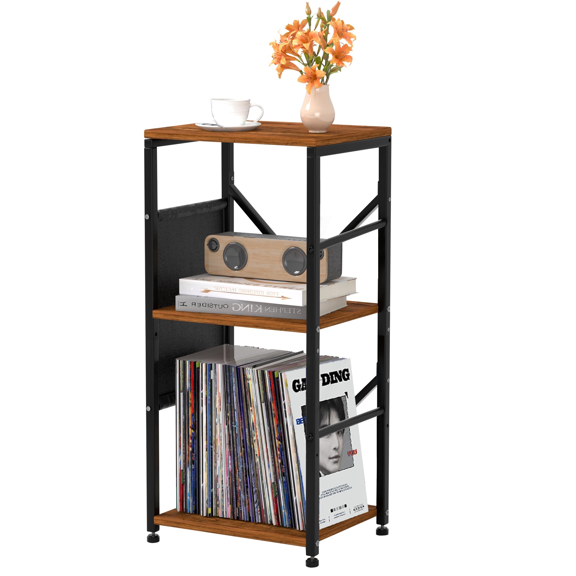 Small Side Table Narrow End Table, Nightstand Tall Side Tables for Small Spaces, 3 Tier Storage Shelves Couch End Tables for Living Room, Bedroom Office Bathroom, Easy Assembly Rustic Brown and Black