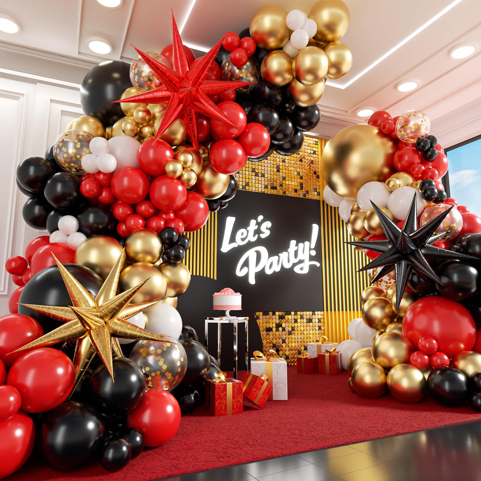 Red Black and Gold Balloons Garland Arch Kit, Red and Black Party Decorations with Gold White Balloons Confetti Latex Balloons for Graduation Anniversary Casino Movie Night Birthday Party Decorations