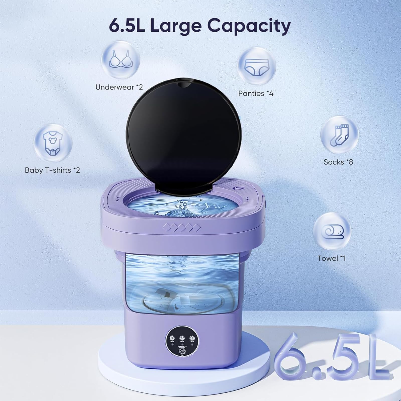 Portable Washing Machine, 6.5L Capacity Mini Foldable Washer with Drain Basket, 2-in-1 Laundry Machine for B-aby Clothes, Underwear, Apartment, Camping, RV, Travel
