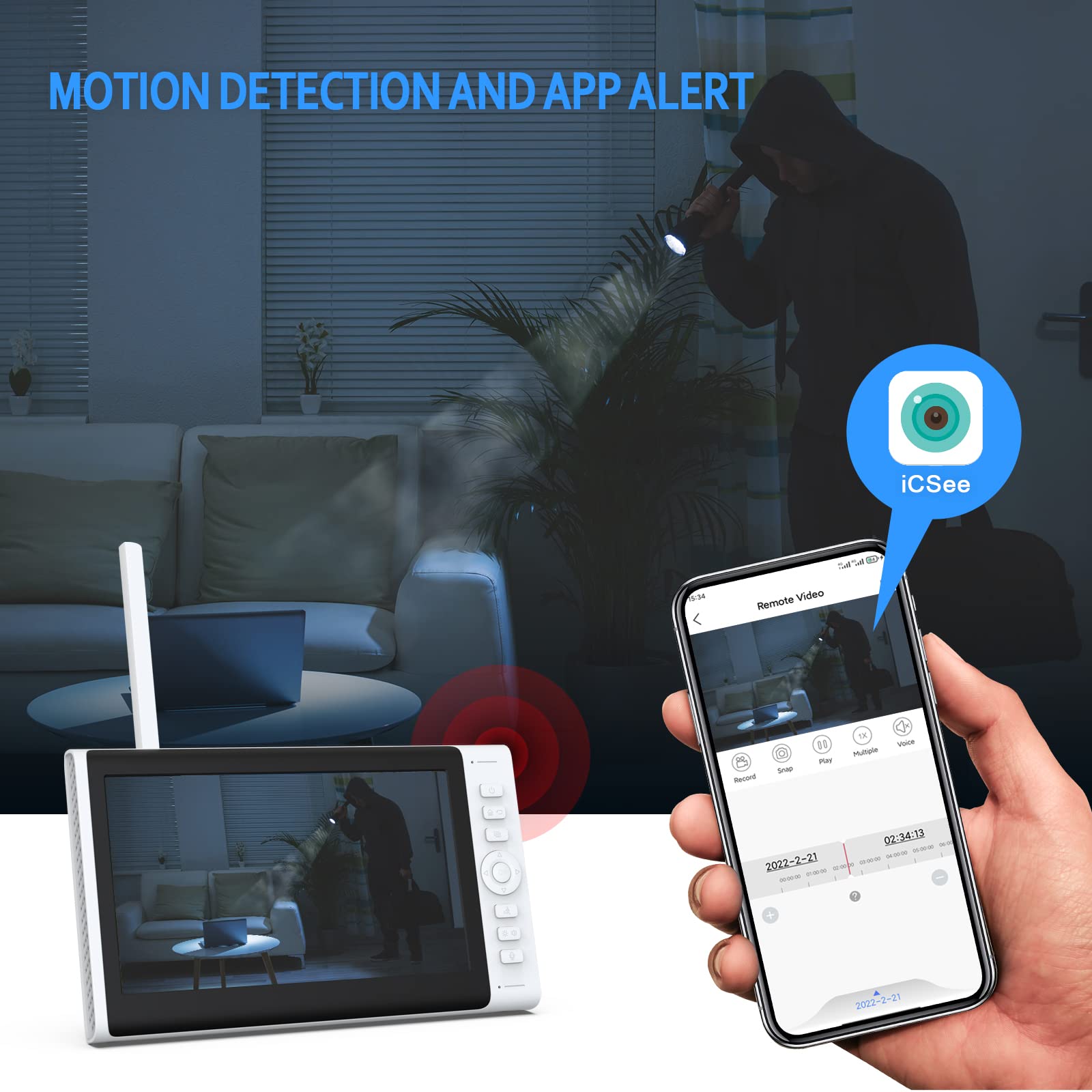 Security Camera System Wireless Outdoor with 7" Portable Monitor, 4Ch Rechargeable NVR with 2Pcs 2MP Home Security Cameras & 32GB SD Card, No WiFi Need, 2 Way Audio, IP66 Waterproof, APP Remote Access