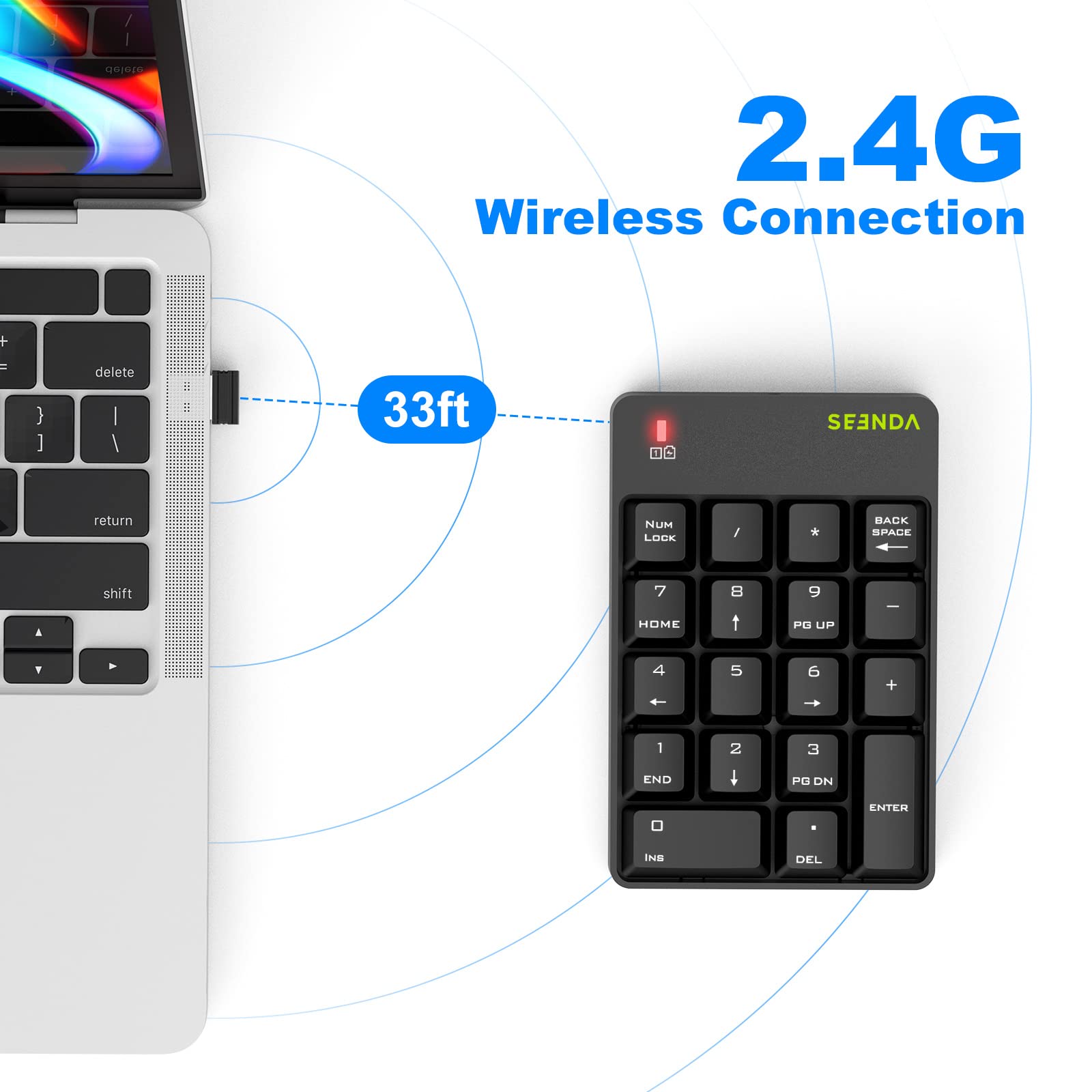 seenda Wireless Number Pad, Numeric Keypad 18 Keys Portable Numeric Pad with 2.4 GHz USB Receiver for Laptop Notebook PC Desktop MacBook Air/ProComputer, Black