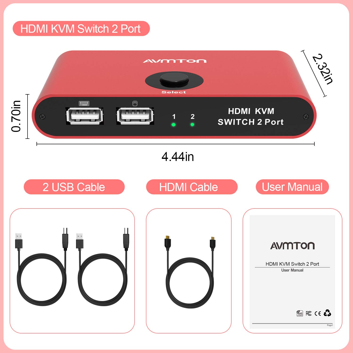 KVM Switch HDMI 2 Port 4K,AVMTON KVM HDMI Switches Box 2 in 1 Out,for 2PC Share 1 Monitor and One Keyboard Mouse,KVM Switch Displayport,Support 4K@30Hz 3D 1080P and Hotkey Switch