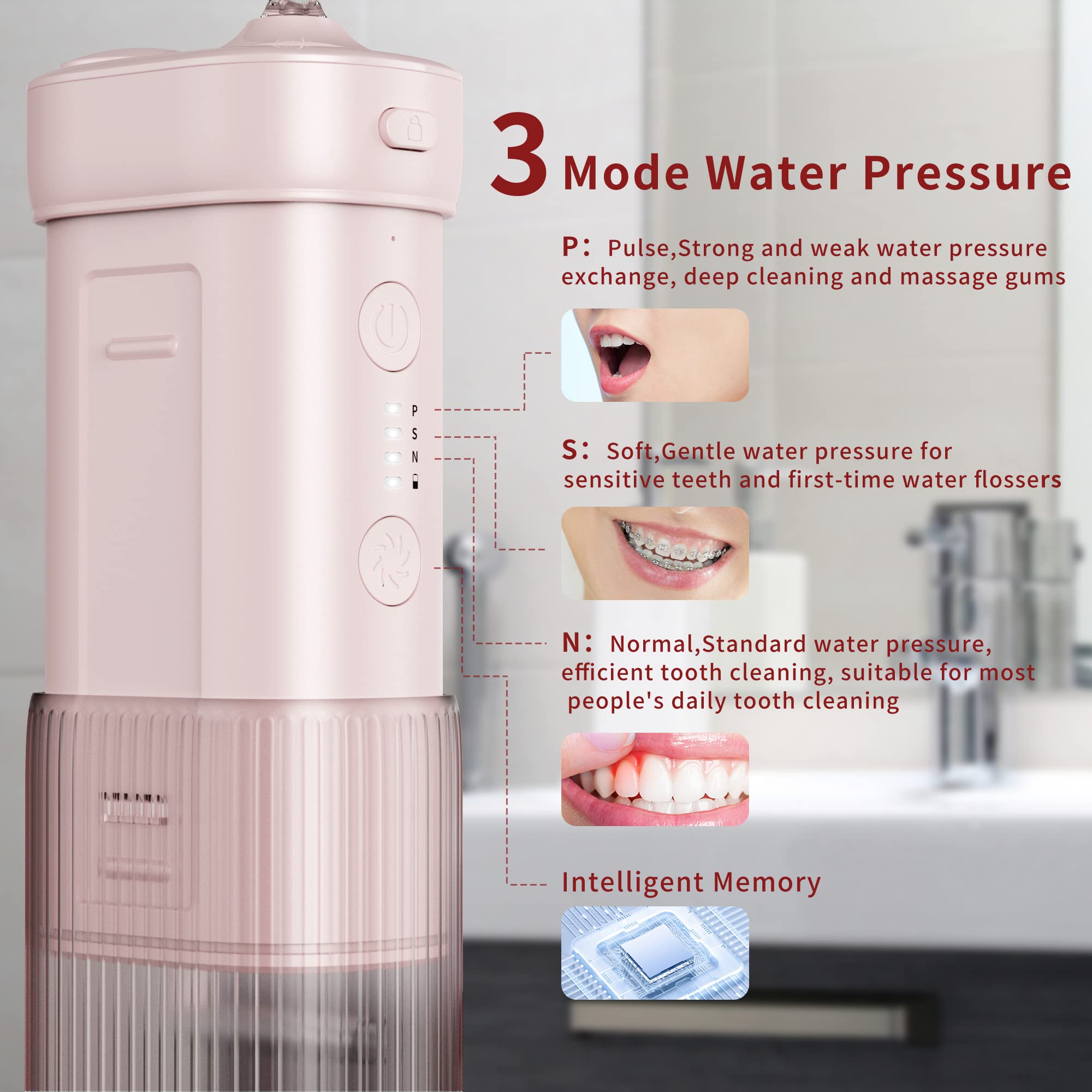 Portable Water Flosser, Mini Cordless Oral Irrigator, Power Dental Flosser with Detachable Water Tank IPX7 Waterproof, 3 Adjustable Modes Comes with Storage Bag(Pink)
