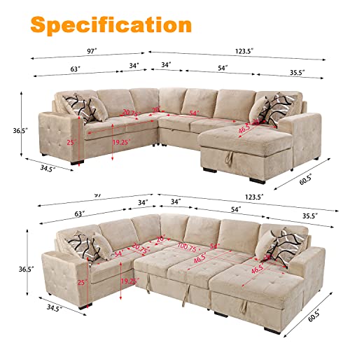 THSUPER Sectional Sleeper Sofa with Pull Out Bed and Storage Chaise, U Shape Sectional Sofa Bed, Oversized Sectional Sleeper Couch for Living Room Beige
