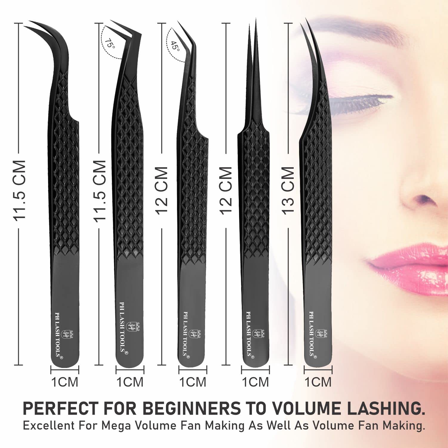 PHLASH TOOLS Pack of 5 Eyelash Extension Tweezers set. Japanese Stainless Steel Eye Lash Extensions Kit with Curved, Straight, C-Point Isolation, L-Type 75°, Wide Tip, 45° Volume Eyelash Tweezers