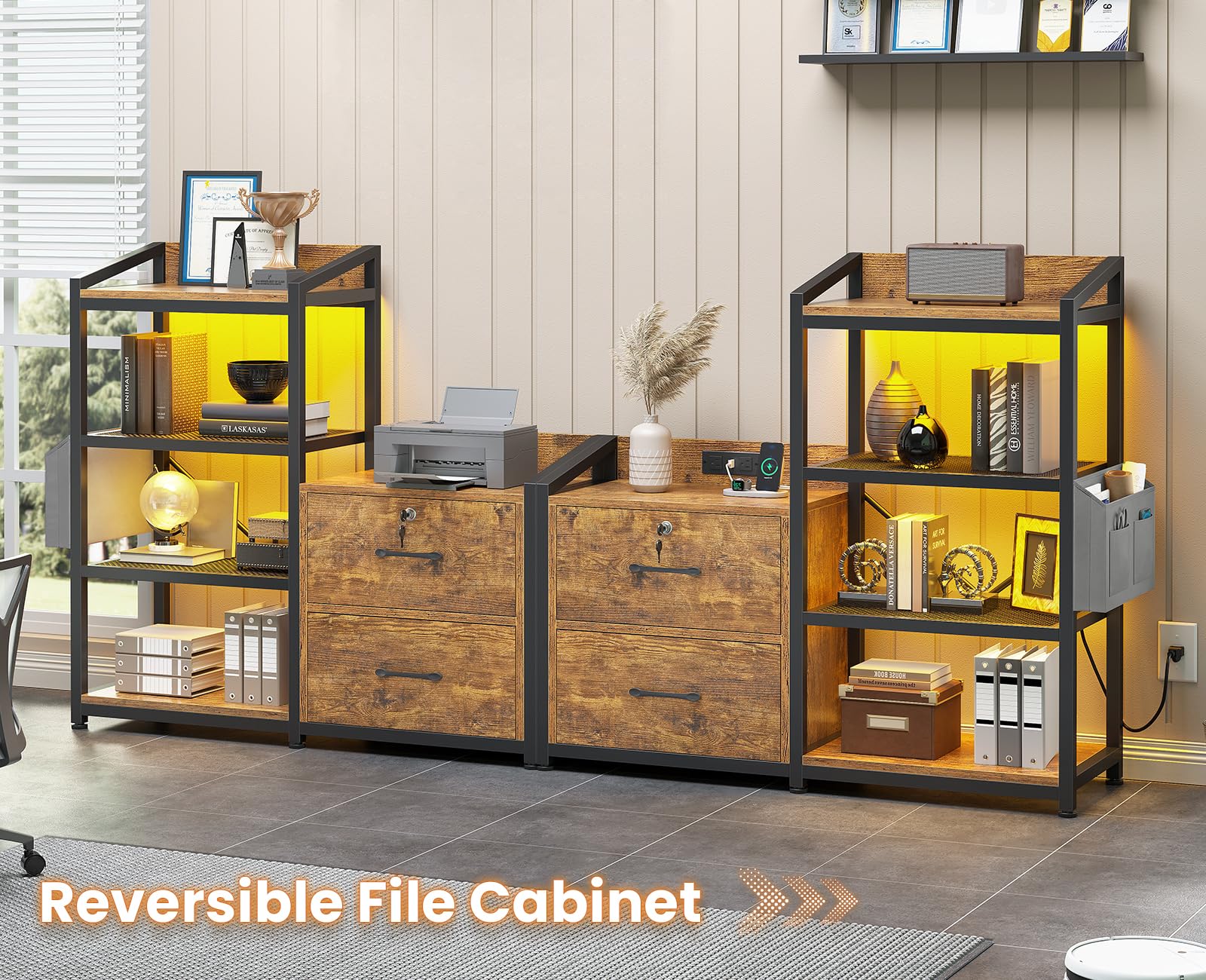 SEDETA 35.4” File Cabinet, Filing Cabinet fits Letter/A4 Size, 2 Drawe File Cabinets for Home Office with Power Strip, LED Lights, Lock, Open Shelf, Rustic Brown