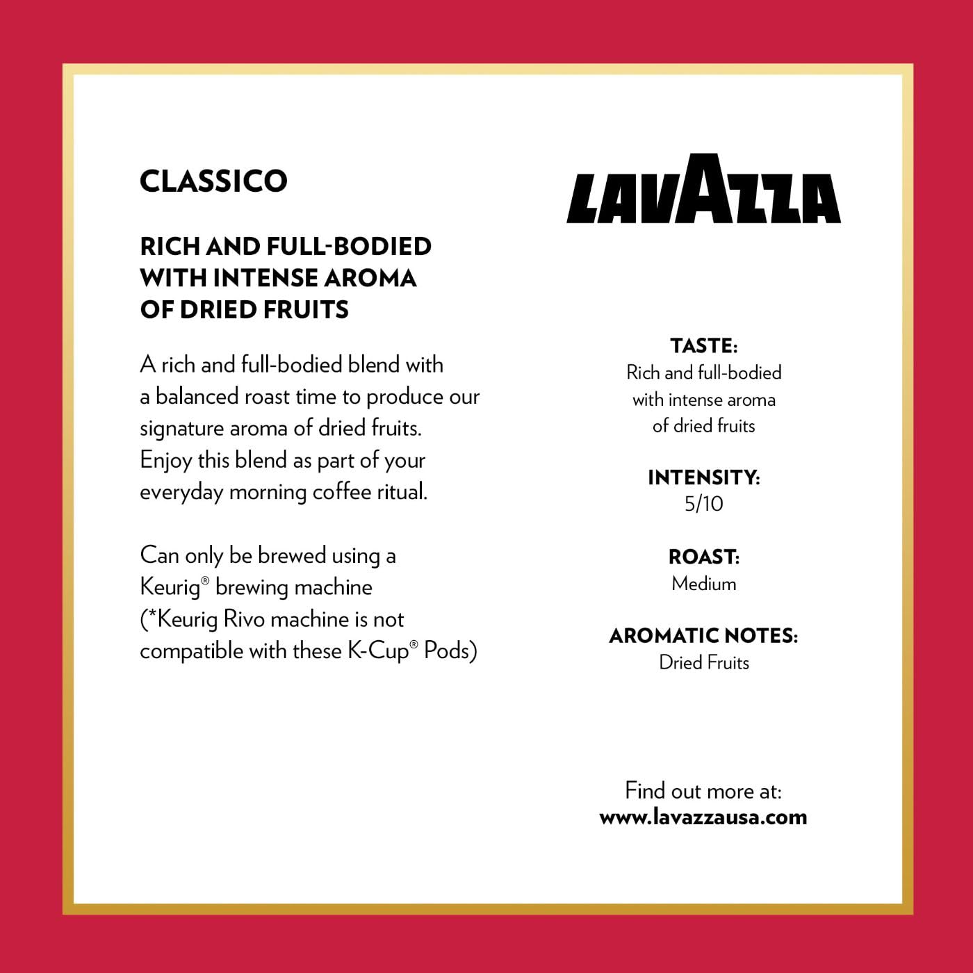 Lavazza Classico Single-Serve Coffee K-Cup® Pods for Keurig® Brewer, Medium Roast,100% Arabica, Value Pack, Full bodied medium roast with rich flavor and notes of dried fruit,10 Count (Pack of 6)