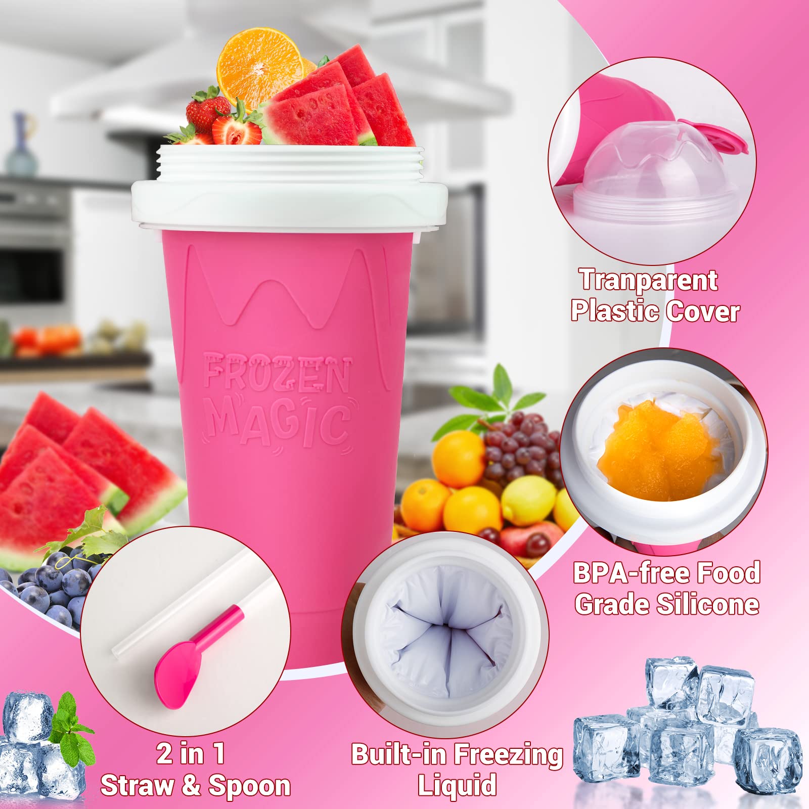 Slushie Maker Cup,FUROLD DIY Slushies Cup Frozen Magic Squeeze Cup Slush Cup Smoothies Double Layers w/Straw and Spoon, Homemade Slushie Machine, Ice Cream Maker Cool Stuff Birthday Gifts for Kids