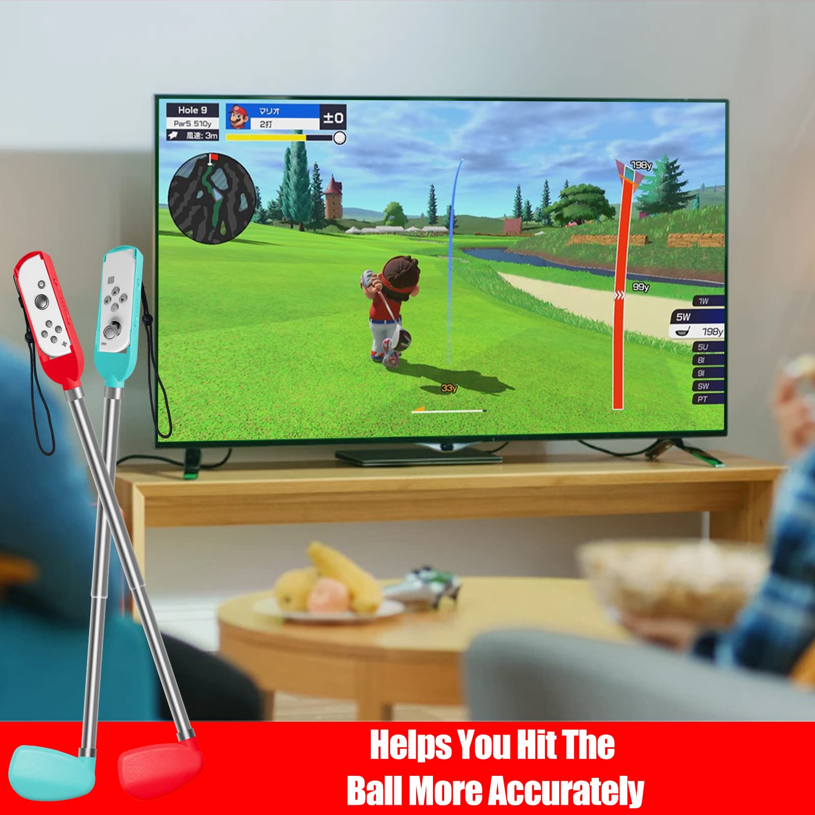 Mario Golf Clubs for Switch/Switch OLED, Adjustable Golf Club for Switch Pressed ZL&ZR with Hand Strip for Controller, Golf Club for Switch Sprots Mario Golf Super Rush 2021 - Red & Blue