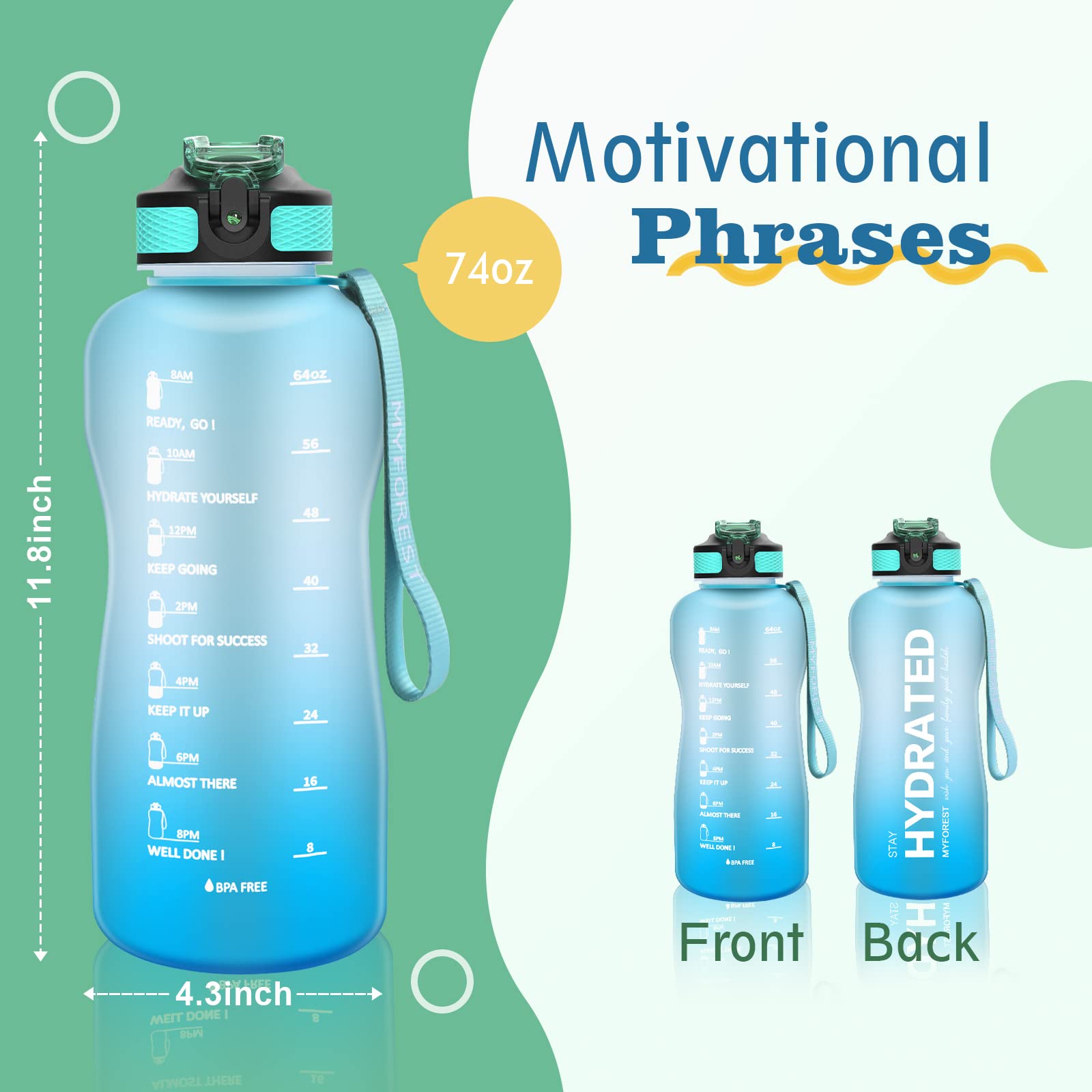 MYFOREST 64oz Water Bottle, Time Marker for Motivational Hydration, Drop-proof, BPA-free, Nozzle/Straw/Carry-Strap/Wide-Mouth for Easy Clean - 1900mL Large Sports Jug