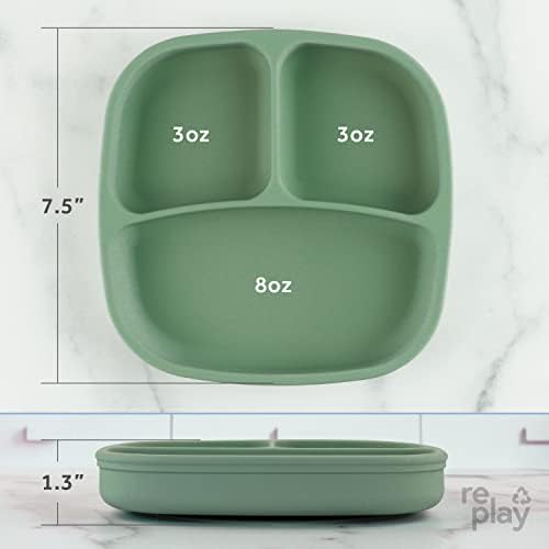 Re-Play Sustainables Silicone Suction Divided Plate with Press In Compartment Lid - Made with Medical-Grade Platinum Silicone - With Lid - Sage
