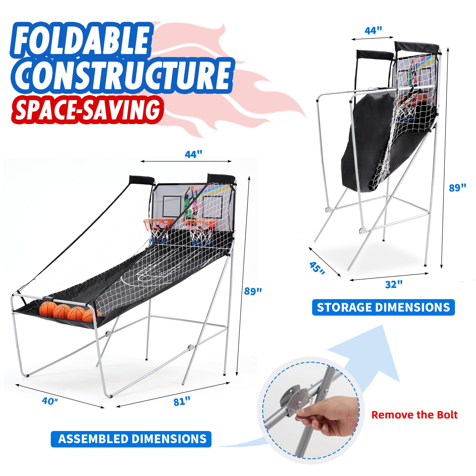 Outspurge Foldable Electronic Dual Basketball Arcade Game,Double Shot 2Player,8 Game Options w/4 Balls LED Scoring System & Indoor Basketball Game for Kids, Youth Adults