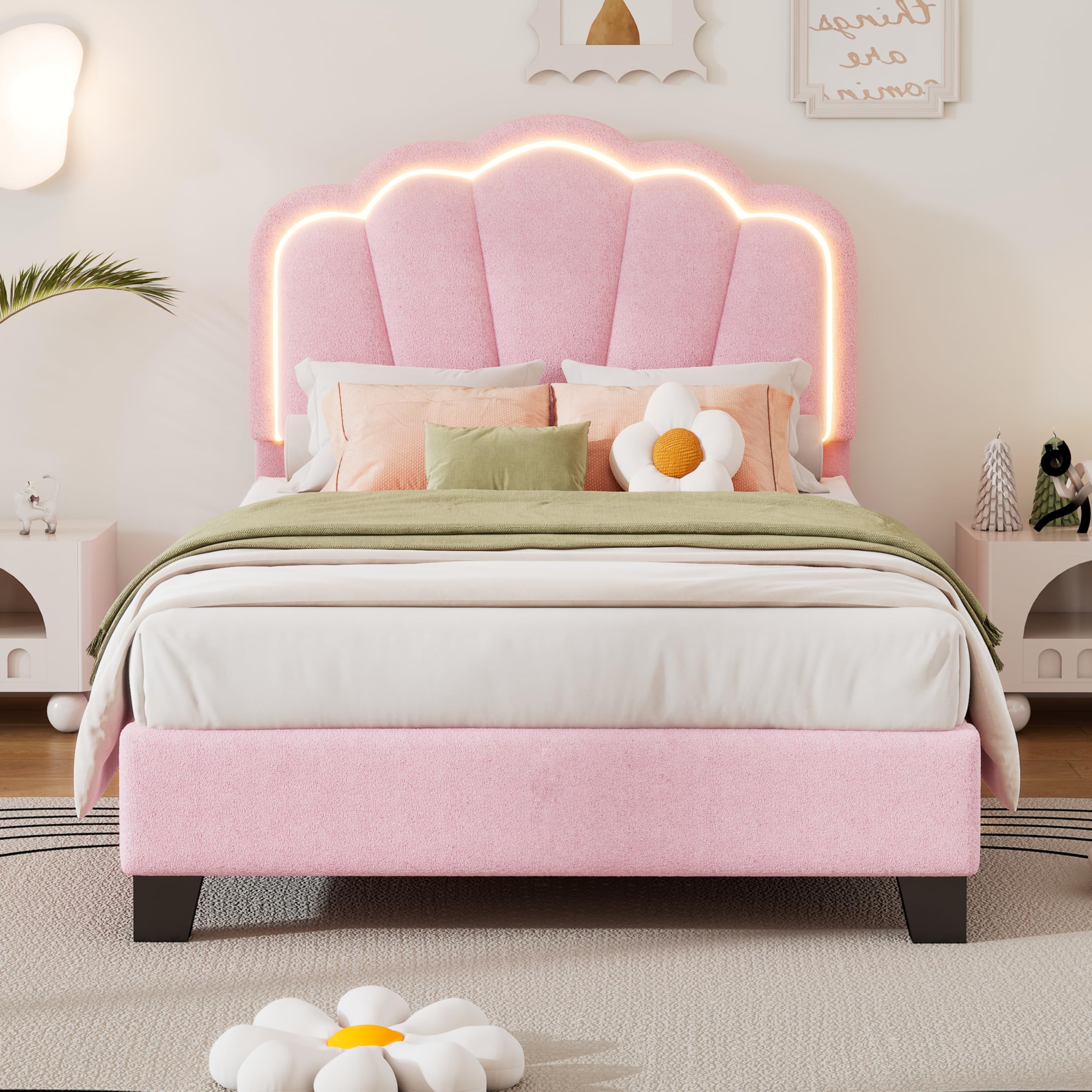SOFTSEA Twin Upholstered Bed with LED Lights, Adjustable Headboard, Princess LED Bed Frame with Shell Headboard, Fleece Platform Bed for Kids Girls, Wood Slats Support, White