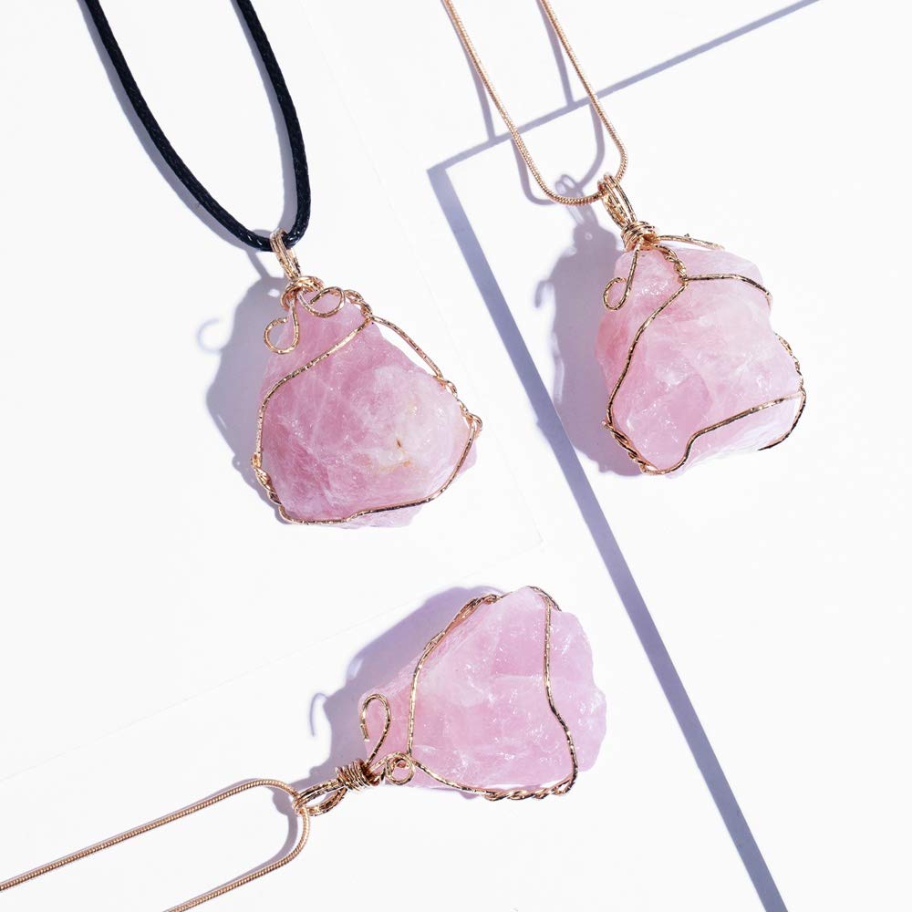 JUNHAN 3PCS Raw Irregular Crystal Pendant Necklace for Women Natural Tumbled Rock Quartz Wrapped Gold Wire Chakra Gemstone Jewelry with 2 Different Chains