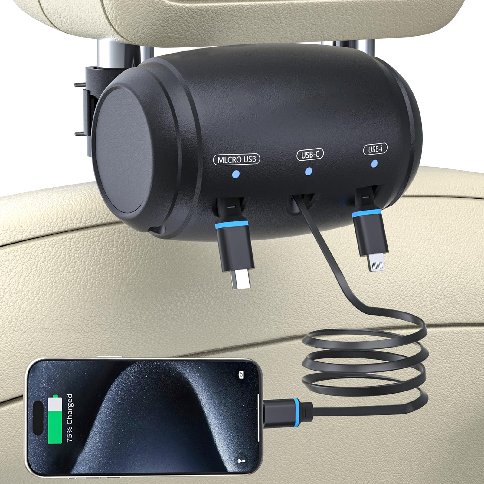 MAGJIEYX for Multi Retractable Car Charging Station Box, 3 in 1 Headrest Fast Power Charging Dock Cord USB Type C Fits iPhone15 14/iPad/Android/Samsung|Uber Lyft Backseat Passengers Share Rid