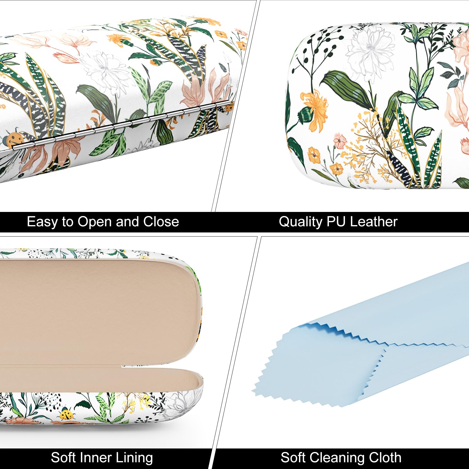 NPOOYI Eyeglasses Case, Hard Shell Protective Case for Glasses, Unisex for Women Men, Glass Case with Cleaning Cloth, Colorful Small Flowers