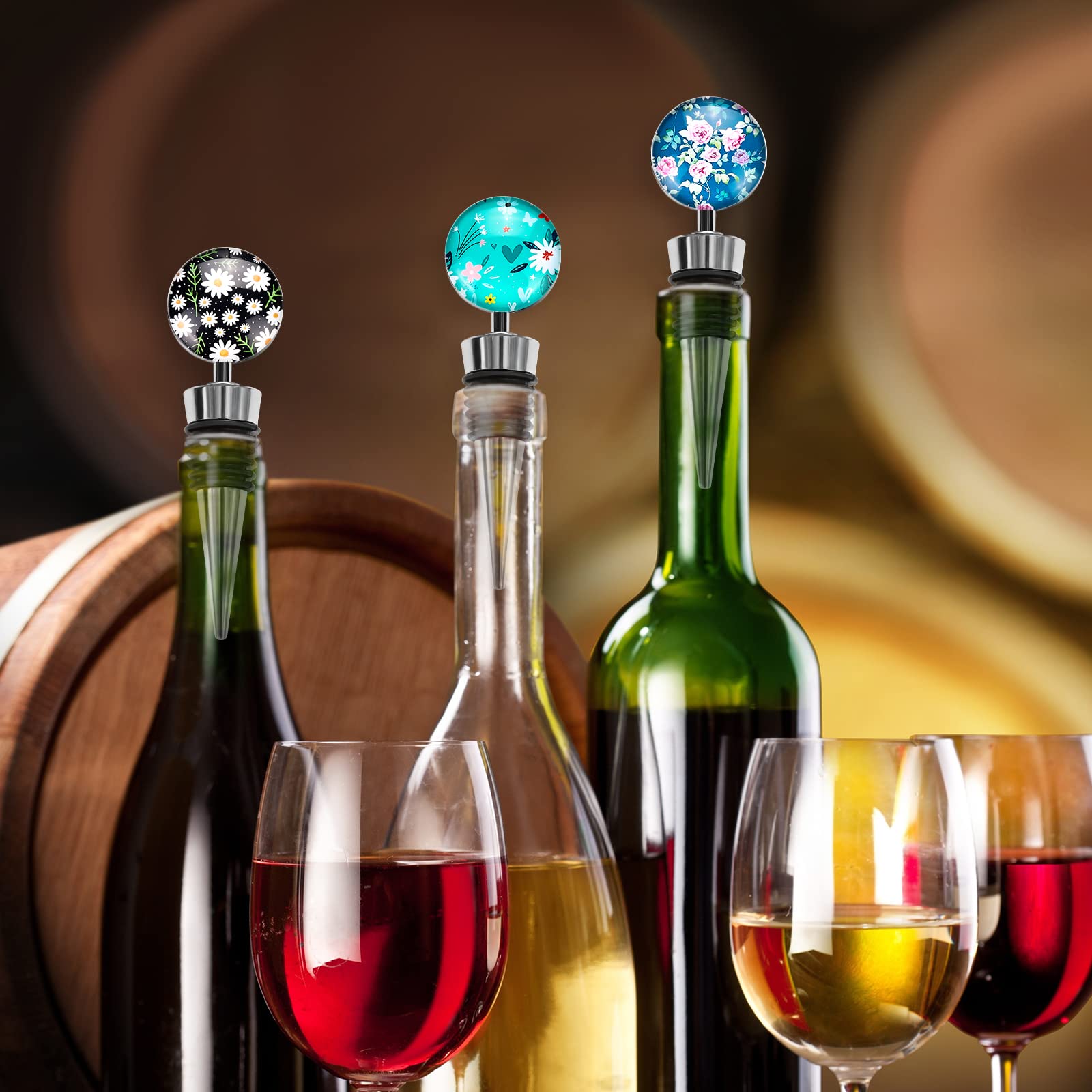 Ohok Wine Stoppers for Bottles,3 Pcs Stainless Steel Wine Stoppers with Decorative Glass for Wine Collection Red Wine Champagne Beer Saver Sealer (Flowers B)
