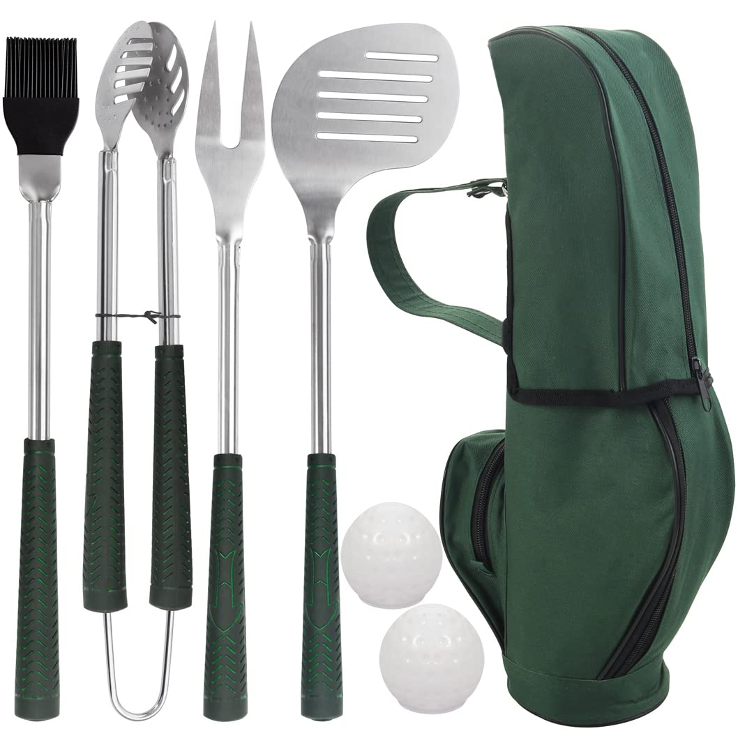 POLIGO 7PCS Golf-Club Style BBQ Tools Set Grilling Tools with Rubber Handle - Stainless Steel Grill Accessories for Outdoor Grill Set Premium Grill Utensils Set Fathers Day Birthday Gifts for Men Dad