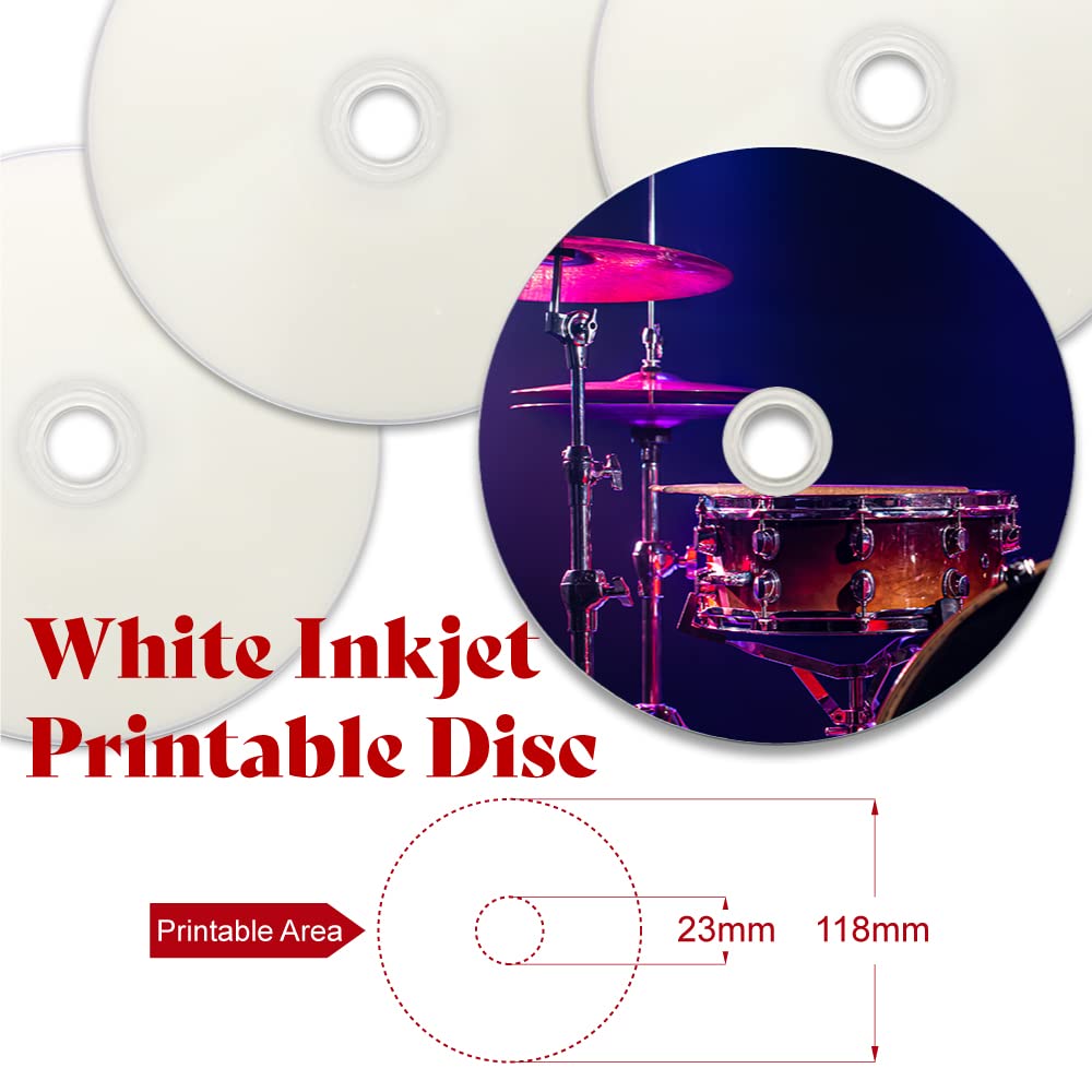 PioData CD-R 52X 700MB Moisture Resistant White Inkjet Printable CD-R Blank Discs β 100 Disc Cake Box Spindle, Printable CDR Discs for Music, Data
