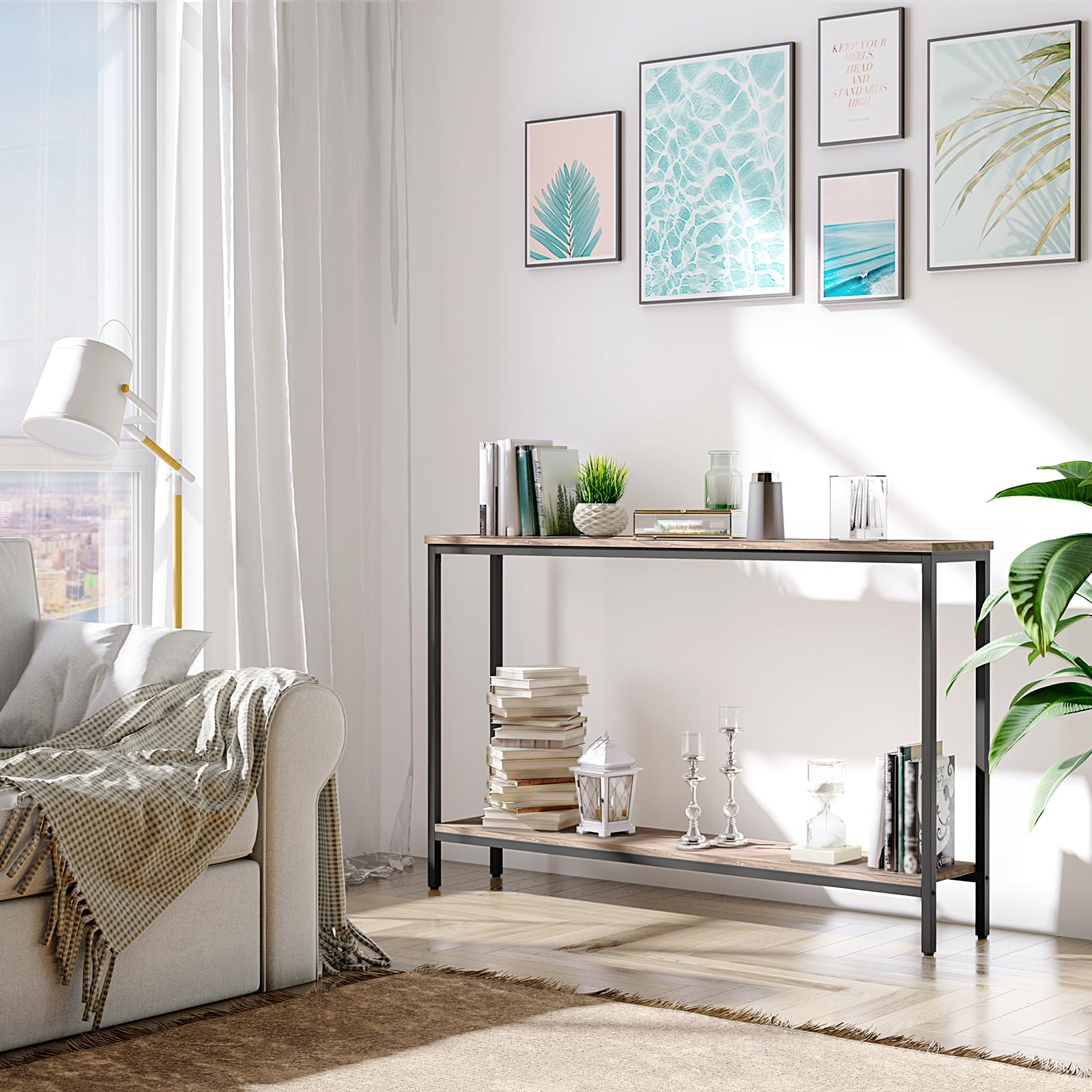 HOOBRO Console Table, Narrow Long Entryway Table, 2-Tier Sofa Table with Open Storage Space, Modern Industrial Hallway Table, for Living Room, Corridor, Foyer, Entrance, White and Gold DW20XG01G1