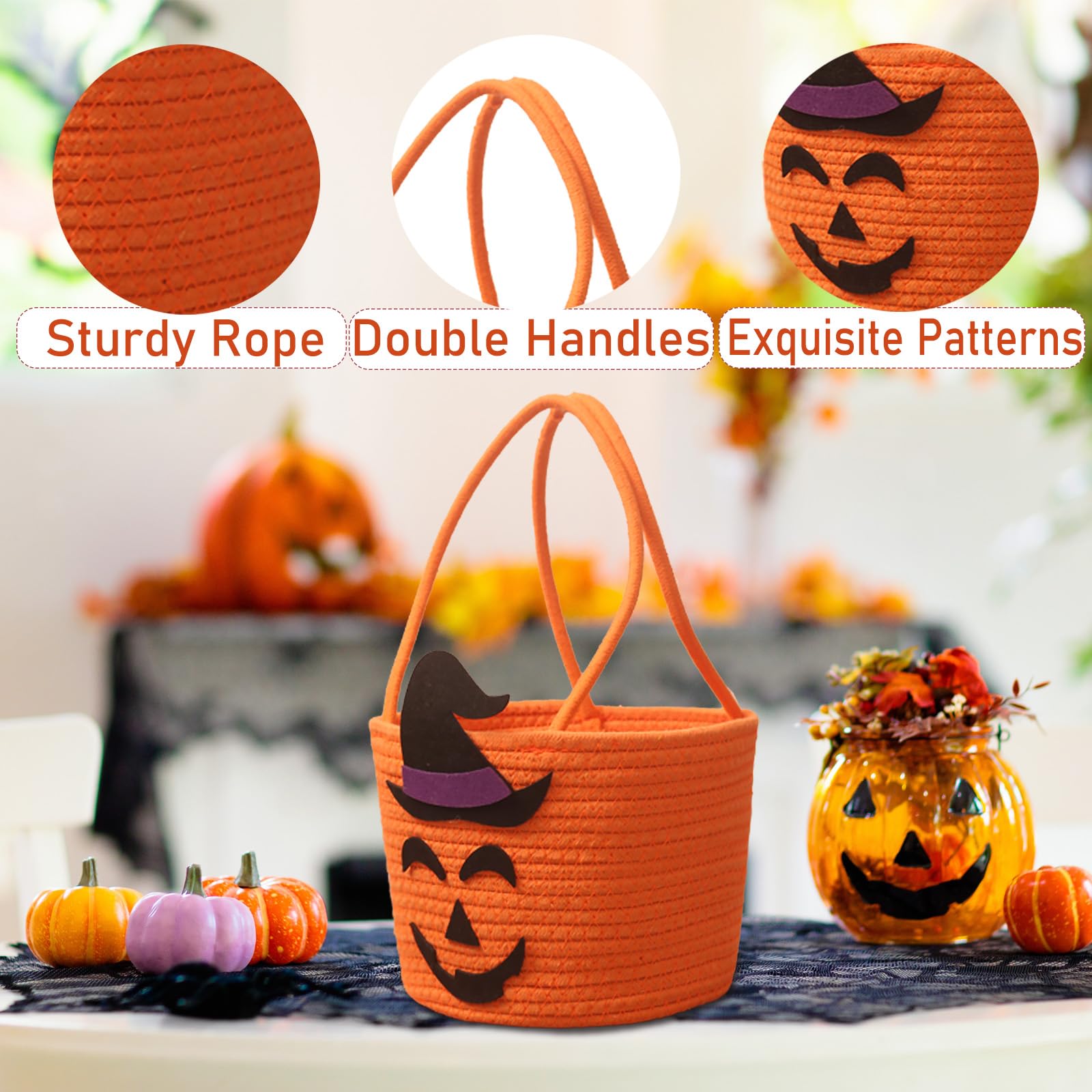Poschnor Halloween Basket, Halloween Pumpkin Basket for Kids, Halloween Candy Basket, Small Woven Rope Basket bins, Empty Gift Basket for Halloween Decorations, Orange