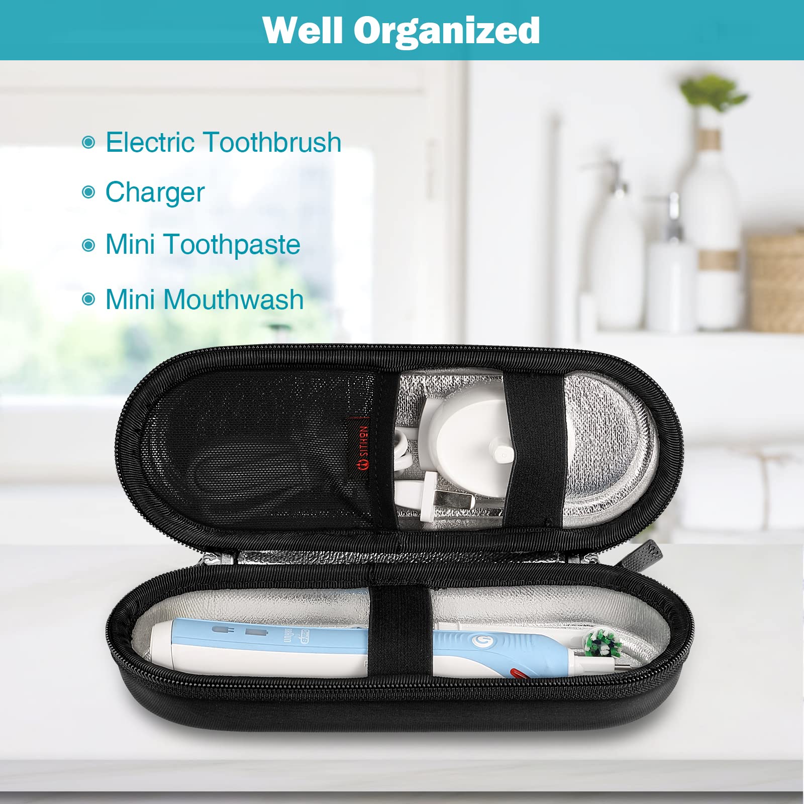 SITHON Hard Shell Travel Case for Oral-B/Oral-B Pro Smartseries/Philips Sonicare Protective Clean Electric Toothbrush, Protective Shockproof Storage Carrying Case with Carabiner and Handle, Black