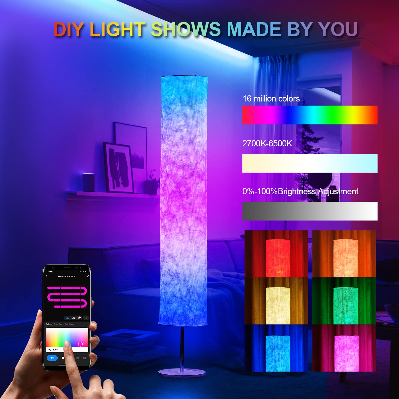 LONRISWAY RGB Color Changing Led Floor Lamp, Smart Lamp with Alexa Voice Control, Remote & WiFi APP Control, Music Sync and White Fabric Shade, Standing Lamp for Living Room Bedroom Game Room