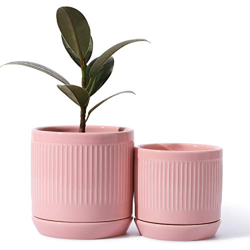 POTEY 053206 Ceramic Planter Pots - Glazed Modern Planters Flower Pot Indoor Bonsai Container with Drainage Holes & Saucer for Plants Aloe(5.1 + 4.2 Inch, Shiny Pink, Set of 2, Plants Not Included)