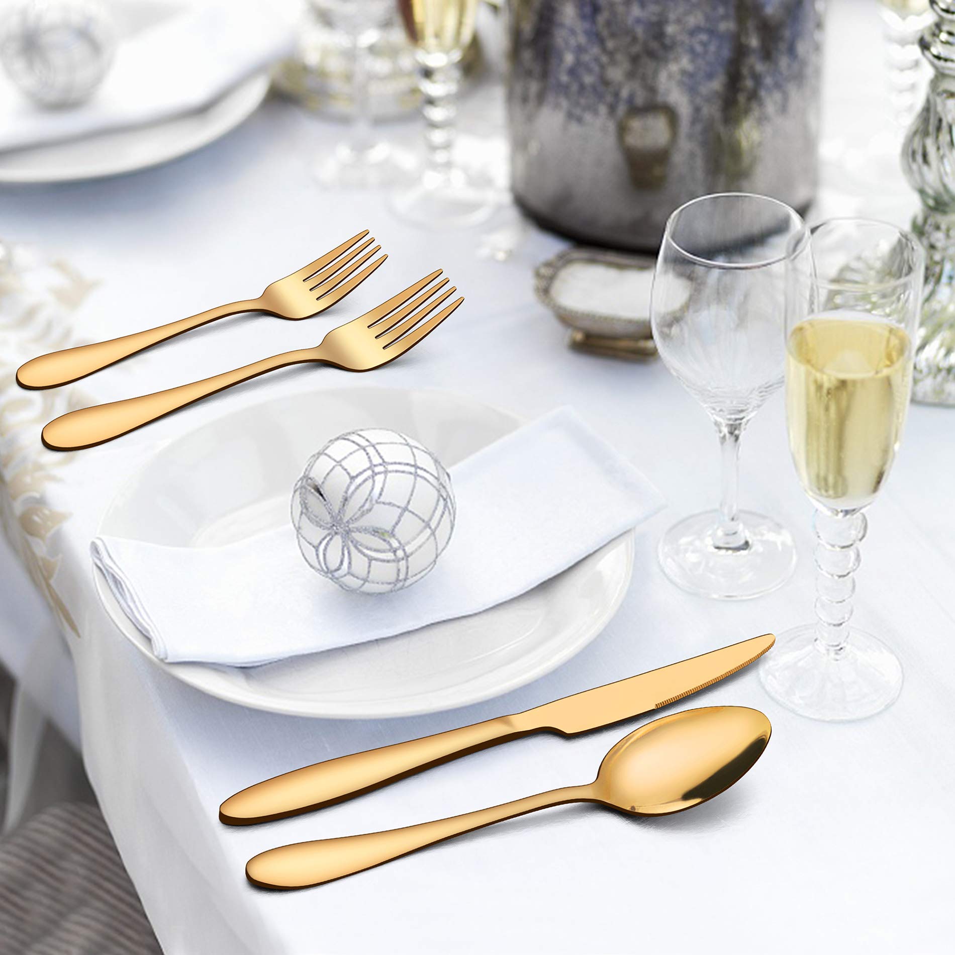 LIANYU 20-Piece Gold Silverware Set with 4 Steak Knives, Stainless Steel Flatware Cutlery Set for 4, Tableware Eating Utensils Included Fork Spoon Knife, Dishwasher Safe
