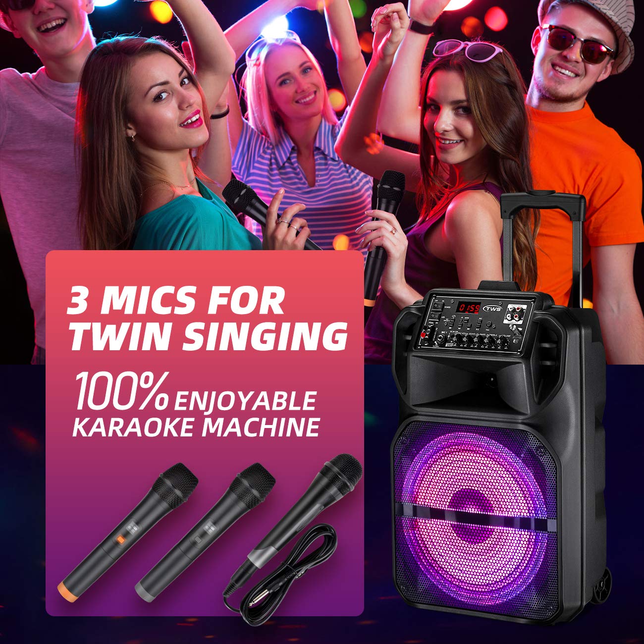 Karaoke Machine for Kids BT Connectivity with 2 Wireless Microphones, Dazzling DJ Disco Light 12'' Sub-woofer Portable Wireless PA Speaker System Bonus 1 Corded Mic and Remote, Great Gift For Kids
