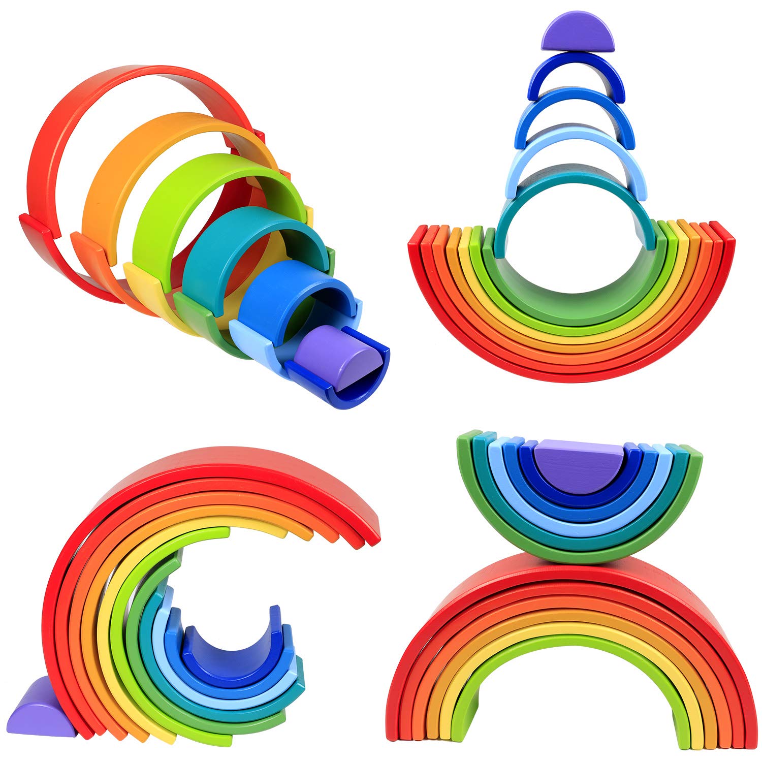 Lewo 12 PCS Wooden Rainbow Stacker Extra Large Stacking Game Nesting Puzzle Building Blocks Educational Toys for Kids Baby Toddlers